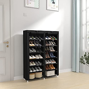 JIUYOTREE 7-Tier Shoe Rack with Dustproof Cover Shoe Storage Organizer Closet Shoe Cabinet Shelf Hold up to 28 Pairs of Shoes for Doorway Corridor Balcony Living Room Black
