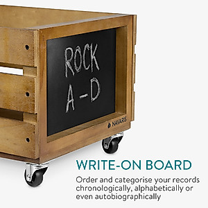 Navaris Wood Record Crate with Wheels - Vinyl Album Storage Holder Box Wooden Case with Chalkboard Sign Board - Holds up to 80 LP Records - Brown
