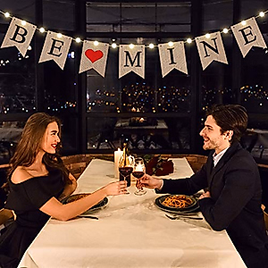 Be Mine Burlap Banner Lighted Valentine's Day Linen Banner Be Mine Linen Garland Valentine's Day Photo Props Proposal Sign Decorations and Warm White Copper Wire Lights with 8 Flashing Patterns