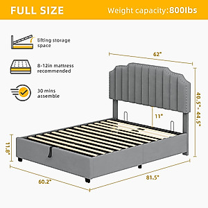 DWVO Full Size Lift Up Storage Bed Frame with Adjustable Upholstered Platform Headboard, Sturdy Wood Slats & Metal Base Support, Noise-Free No Box Spring Needed, Fast Assembly, Velvet, Grey