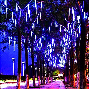 Weepong Meteor Shower Lights Outdoor Christmas Lights UL Certified Falling Rain Lights 12Inch 8Tubes Rain Drop Lights Snowfall Icicle Cascading String Lights for Xmas Holiday Tree Garden Decor Blue