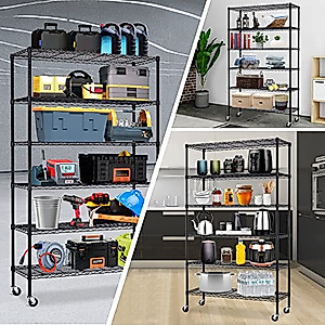 Heavy Duty Storage Shelving Unit w/Wheels, Commercial Steel Organizer Wire Shelving Rack, Adjustable Utility Storage Shelves or Garage, Kitchen 48" W x 18" D x 82" H, 2100 LBS Black (With Wheels))