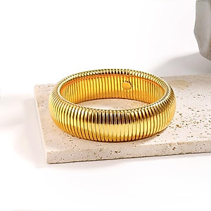 CONRAN KREMIX Gold Chunky Bangle Stretch Bracelets For Women 14K Real Gold Filled Stainless Steel Cuff Bracelet Non Tarnish Trendy Jewelry 20MM Width,8 Inches