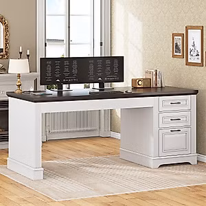 SEDETA Office Desk with 3 Drawers, 55" Executive Computer Desk with Storage Drawers, Farmhouse Desk with Power Outlet for Home Office, White