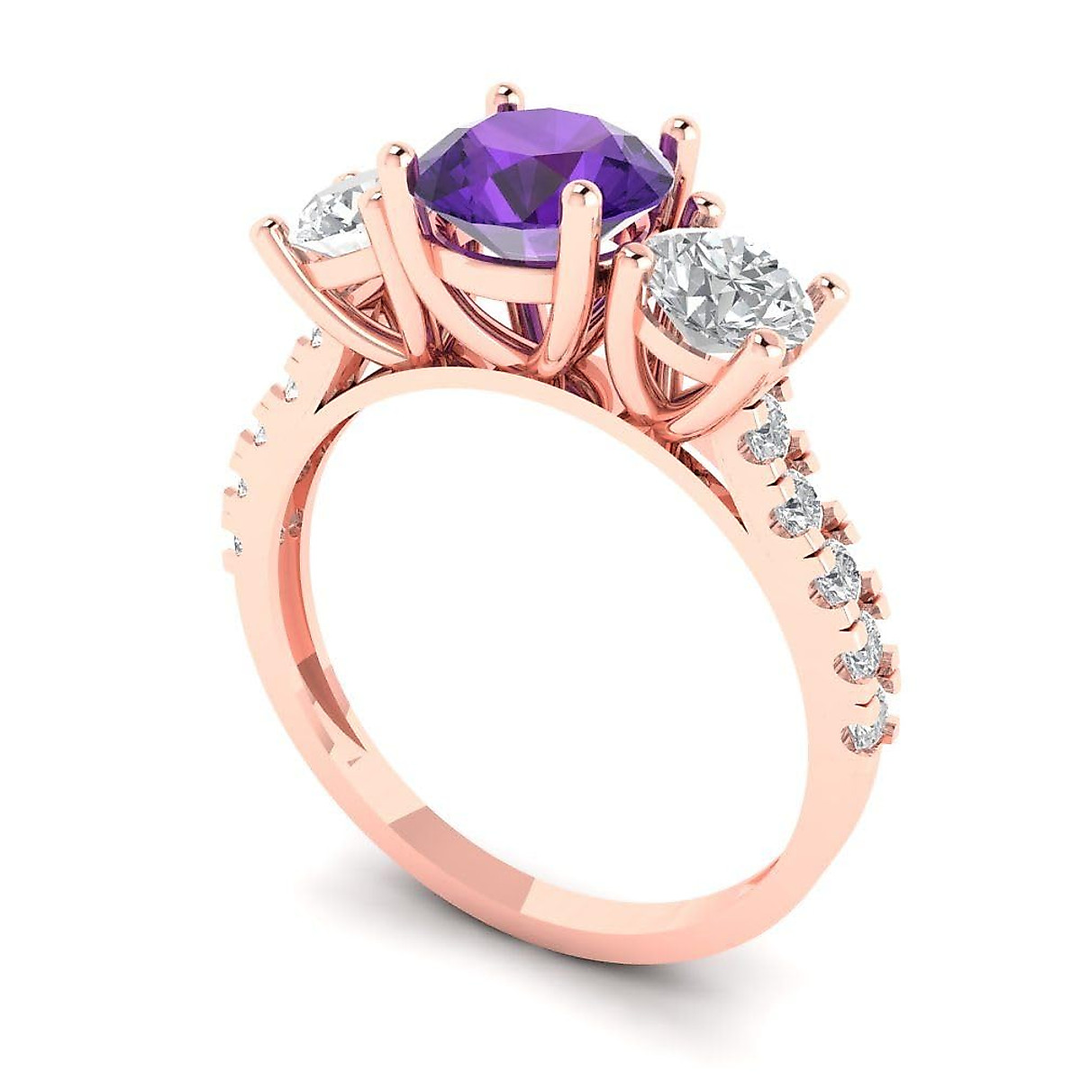 Clara Pucci 2 ct Round Cut Solitaire 3 stone accent Natural Amethyst gemstone Designer Anniversary Bridal Engagement Ring 14k Rose Gold