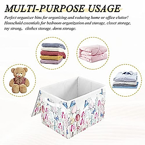 ALAZA Storage Bins with Lids,Pink Tulip Crocus Flowers Blue Butterflies Spring Style Fabric Storage Boxes Baskets Containers Organizers with for Toys,Clothes and Books