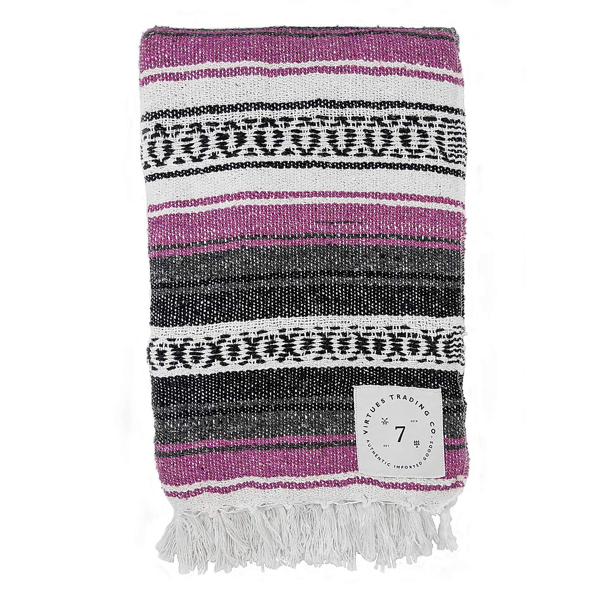 7 Virtues Authentic Mexican Falsa Blanket Ideal for Yoga, Music Festivals, Camping, Picnicking, Beach Blanket, Bedding, & Home Decor (Blue and Pink)