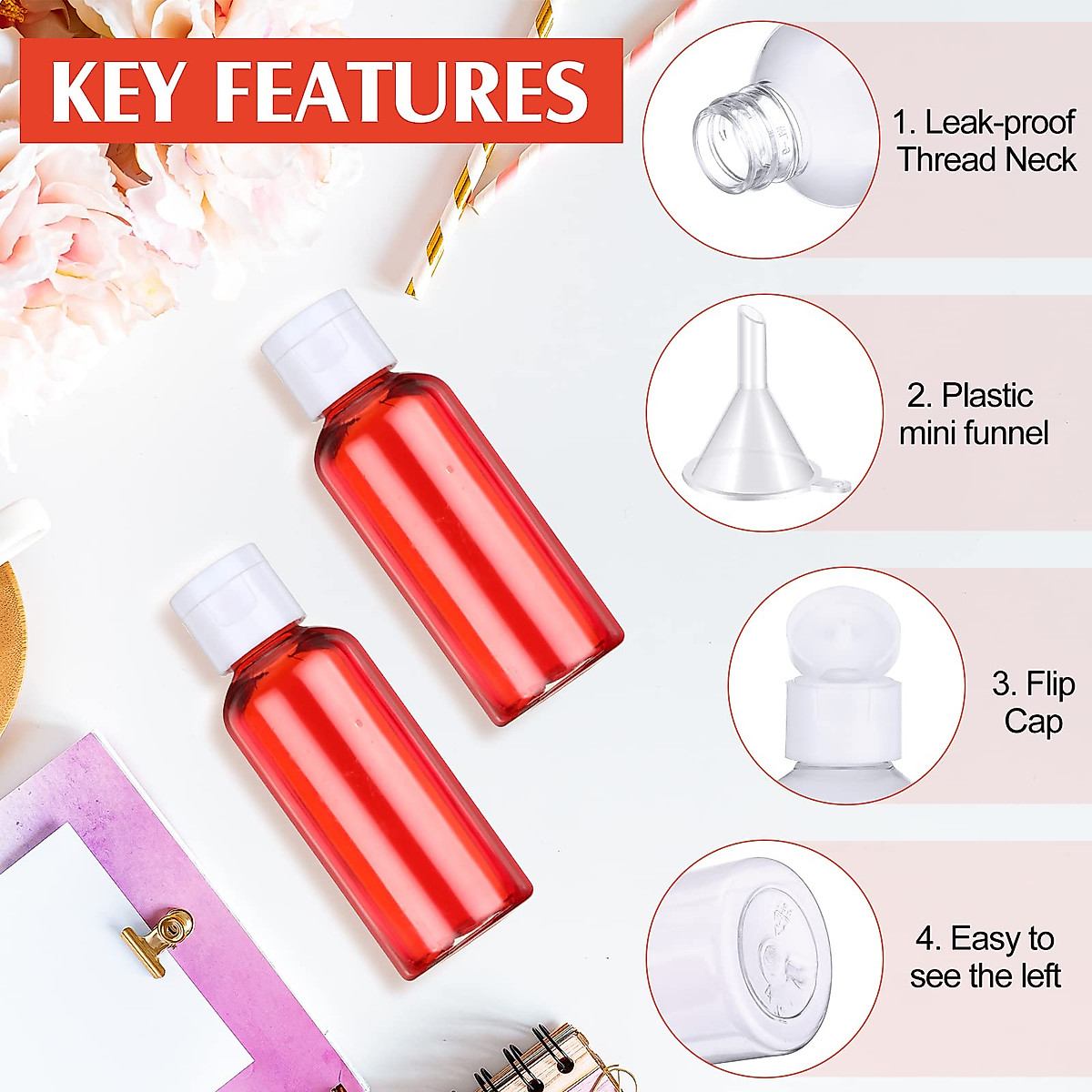 100 Pack 2 oz Travel Bottles Plastic Bottles with Lids Travel Size Cover Cap Plastic Travel Size Bottles Refillable Dispensing Bottles with 5 Funnels Liquid Lotion for Travel(Clear)