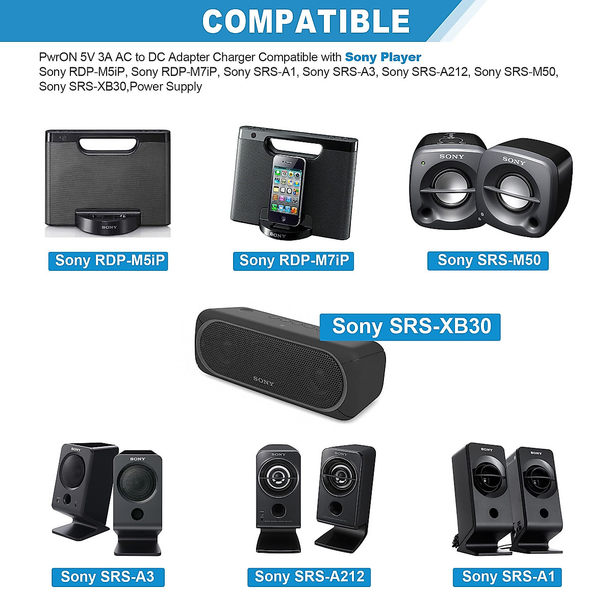 PwrON 5V AC DC Adapter Replacement for Sony AC-E0530 SRS-XB30 SRS-XB41 RDP-M5iP RDP-M7iP SRS-A1 SRS-A212 SRS-A3 SRS-M50 SRS-M55 SRS-TD60 Bluetooth Wireless Speaker System Power Supply