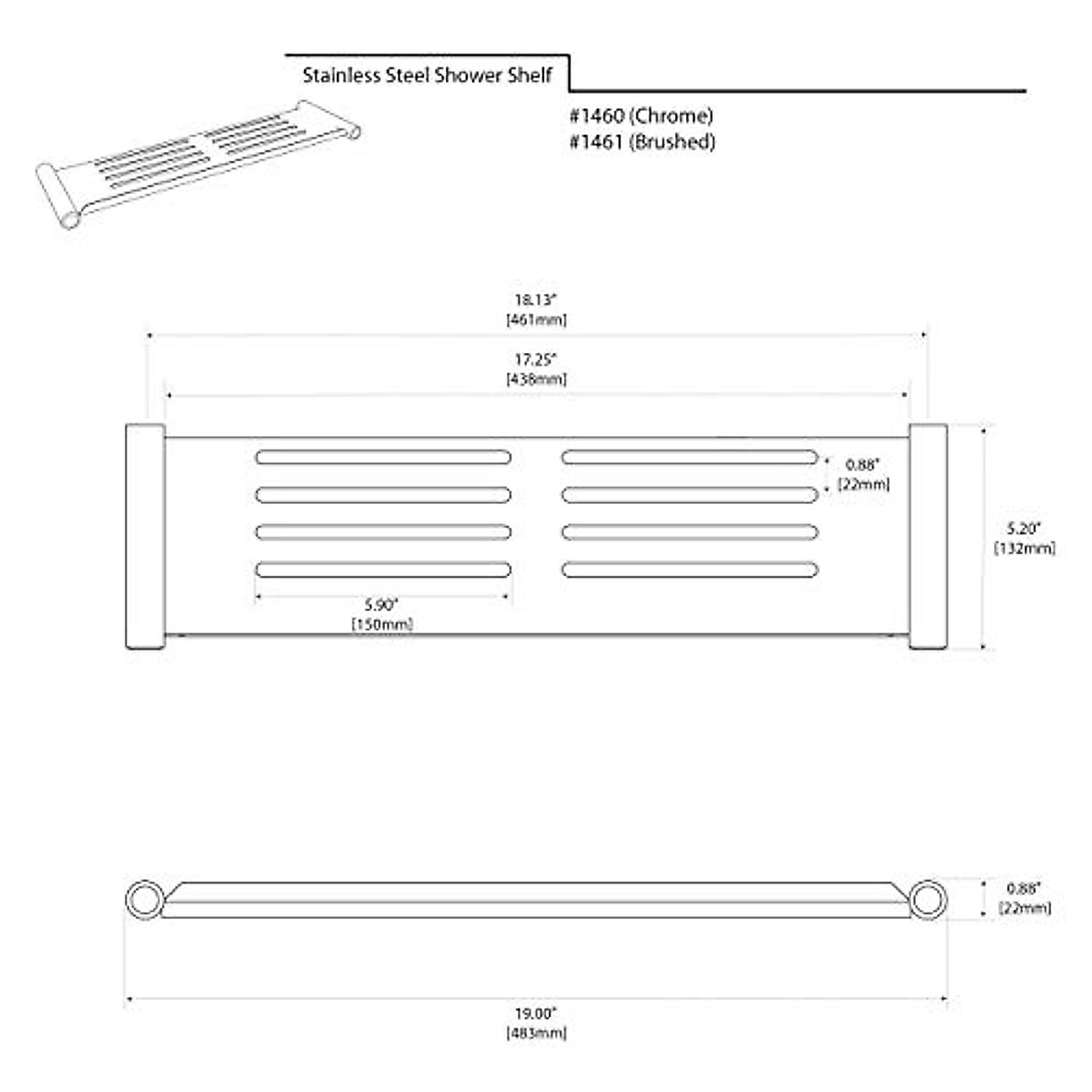Gatco 1460 Elegant Shower Shelf, 19", Chrome