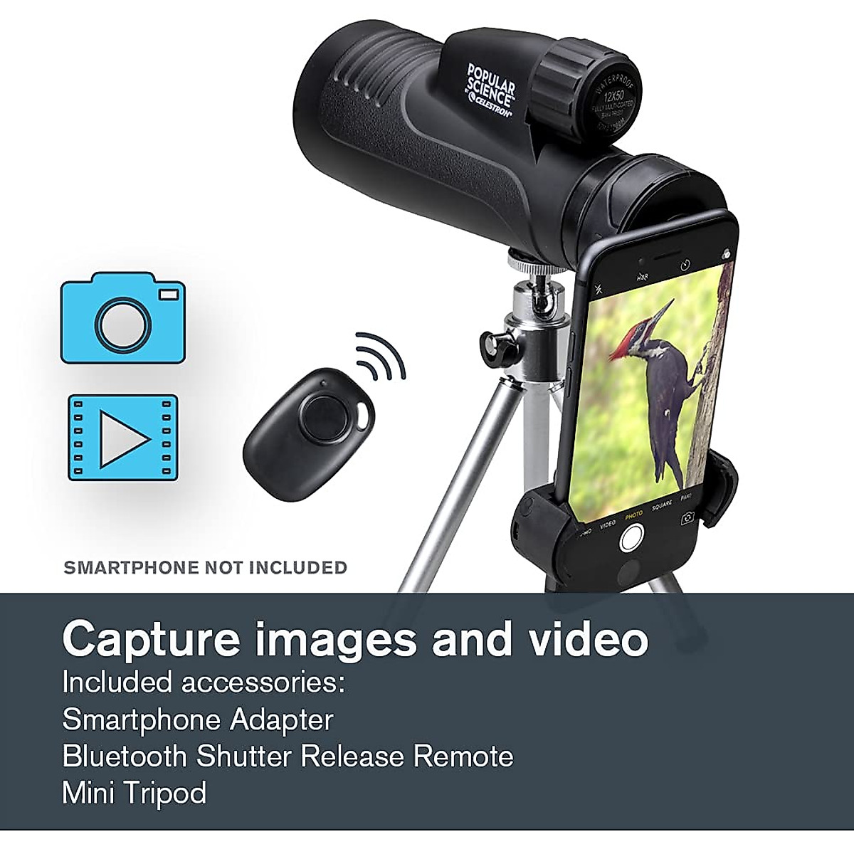 Popular Science by Celestron Outland X 12x50mm Monocular with Tripod, Smartphone Adapter, and Bluetooth remote