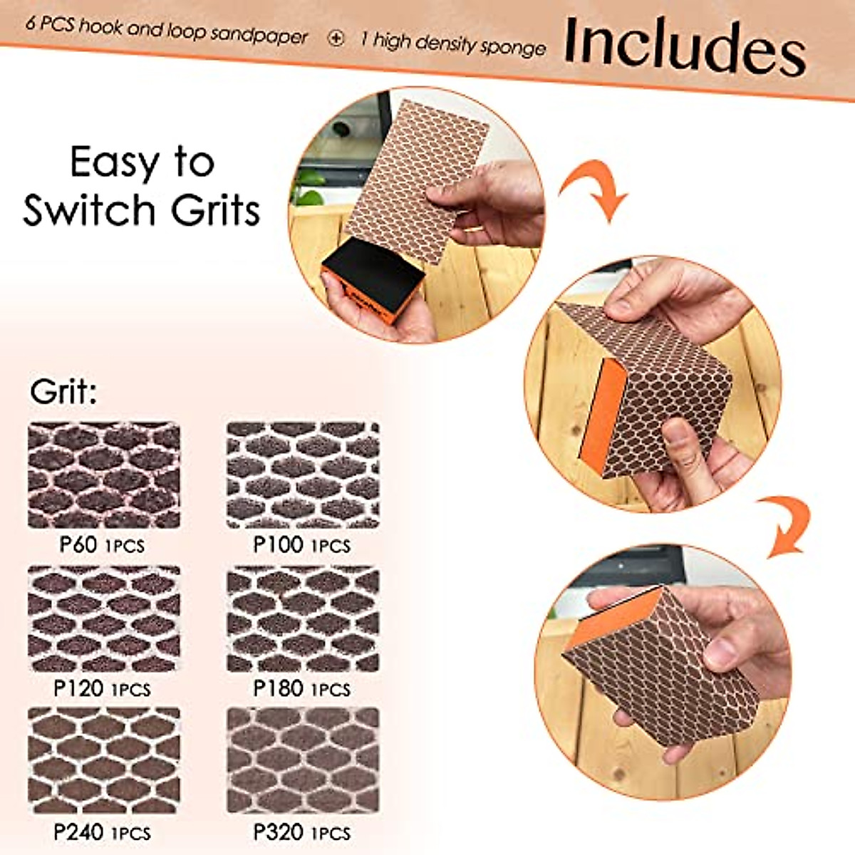 S&X Sanding Sponge Set 6-Pack of Hook and Loop Sandpaper Interchangeable 6 Assorted Grits - Wet and Dry, Anti-Clogging, Durable (6)