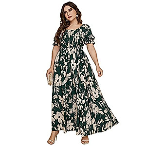 MakeMeChic Women's Plus Size Boho Casual Dress Floral Short Sleeve Shirred Square Neck Maxi Flomal Dress A Multicolor 1XL
