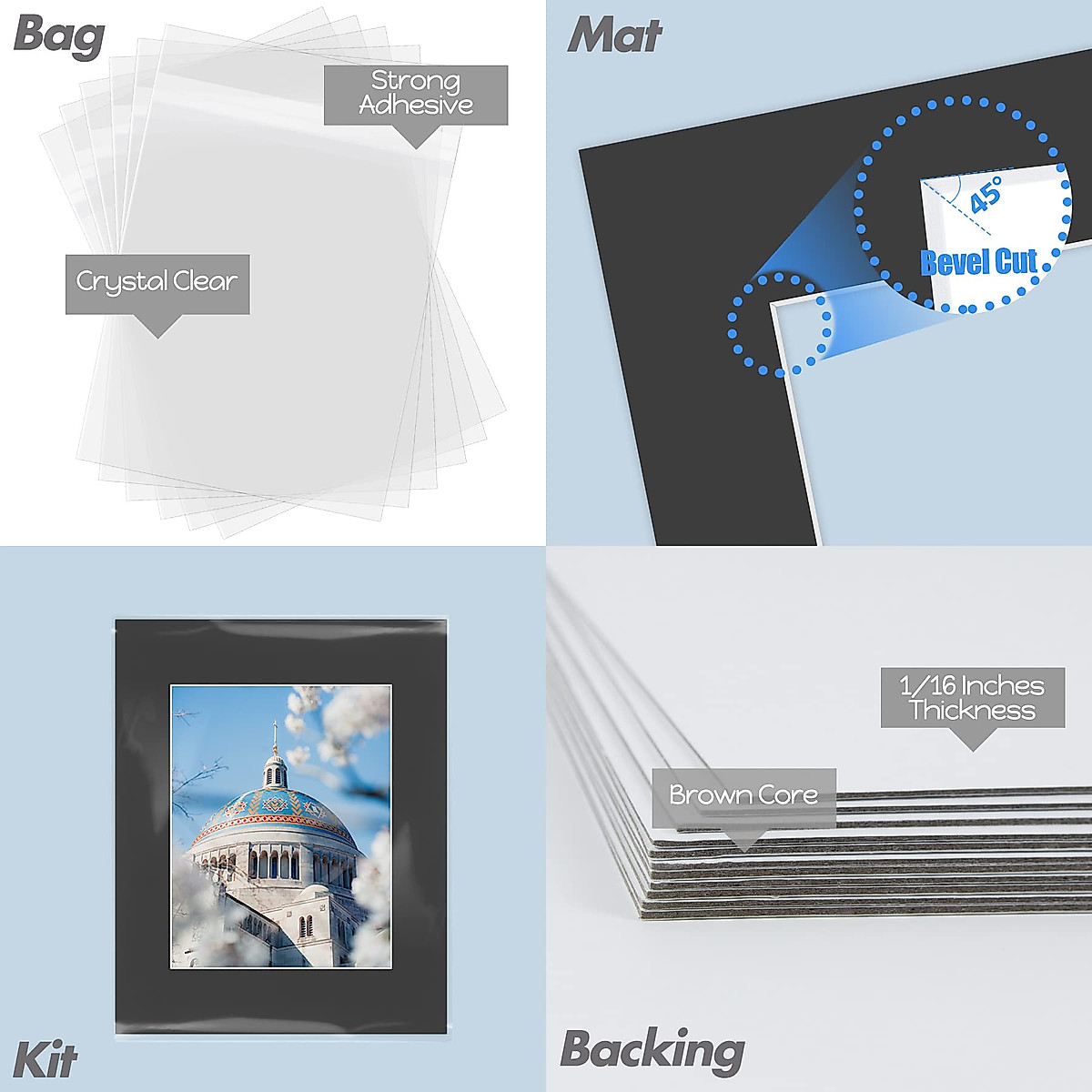 Mat Board Center, 25 Pack of Black Pre-Cut Mat Board 16x20 Picture Mat for 11x14 Photo with White Core Bevel Cut Mattes Sets. Includes 25 Acid Free Mats & 25 Backing Board & 25 Clear Bags