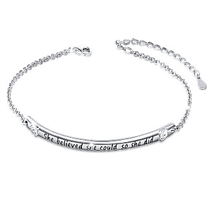 DAOCHONG Sterling Silver Engraved Inspirational Adjustable Bracelet “She Believed She Could So She Did” Gift for Her, Women, Friendship