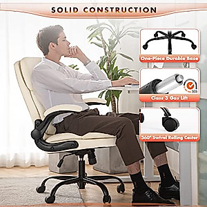 COLAMY Executive Office Chair-Ergonomic Home Office Chair, High Back Computer Chair with Flip-up Arms, Double Padded Thick Leather Office Chair for Comfort, Swivel Task Rolling Chair (Ivory, 300lbs)