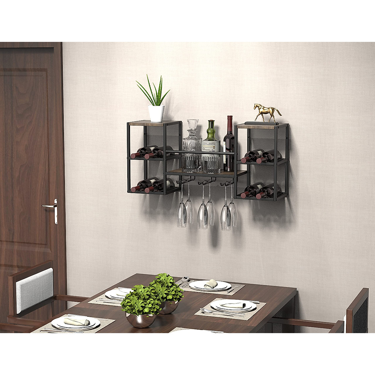 MOOMLIFE Wine Rack Wall Mounted with 3 Stem Glass Holders, Holds 12 Bottles Wine, Liquor Bottle Display Shelf, Elegant Storage for Kitchen, Dining Room