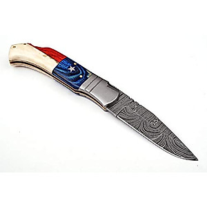 SharpEdge 8.25" Texas Flag Custom Handmade Damascus Steel Blade Pattern Welded Camping and Hunting Pocket Folding Survival Knife with a Genuine Leather Sheath | SW-716 |