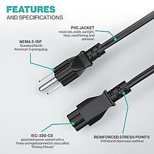 3 Prong AC Laptop Power Cord 5Ft Universal Power Cable | 125V | for Dell HP LG Lenovo Asus Acer Toshiba Sony Laptops/Notebooks, Monitors, Printers, Scanners NEMA 5-15P to C5 Power Cable