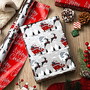 MAYPLUSS Reversible Christmas Wrapping Paper - 17 Inch X 33 Feet - Creative Red Santa Claus Riding a Sleigh Delivering Presents with Metallic Foil Design Winter Gift Wrap Paper for Holiday, New Year