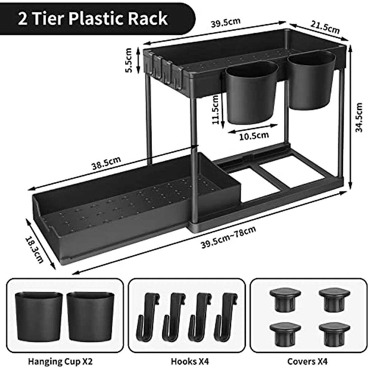 2-Tier Under Sink Organizer,Multi-purpose Organizer Shelf,Sliding Storage Drawer Basket Organizer for Kitchen Bathroom with Hooks, Hanging Cup,Pull Out Spice Rack,Makeup Cosmetics Vanity Narrow Space