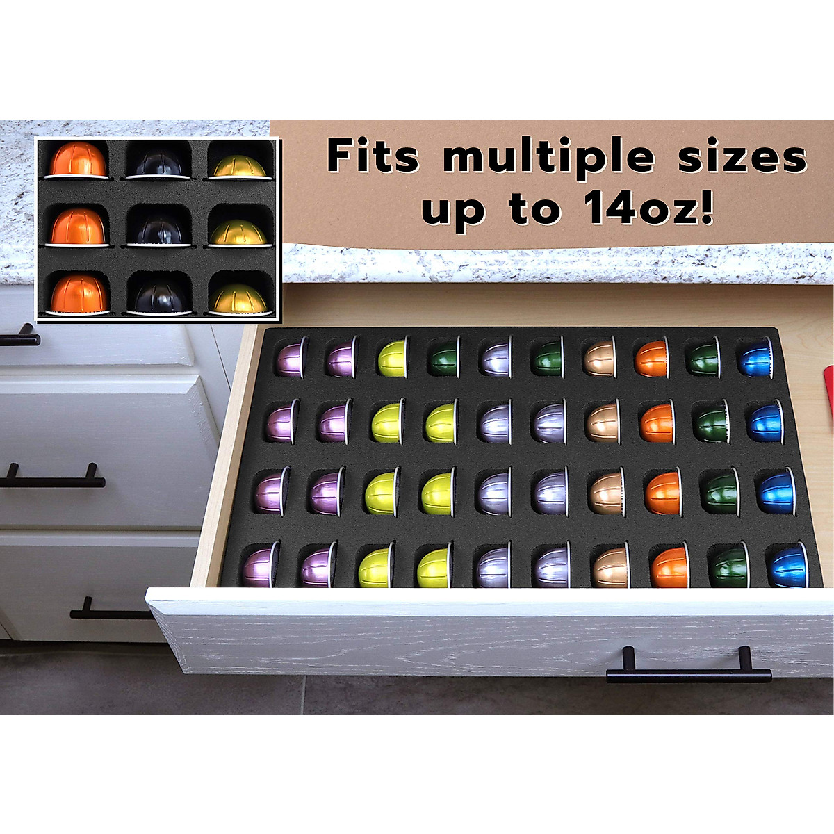 Polar Whale 2 Coffee Espresso Capsule Drawer Organizer Tray Inserts Compatible with Nespresso Vertuo VertuoLine Kitchen Home Office Waterproof Washable Black Foam 40 Compartment 12.75 x 20.25 Inches
