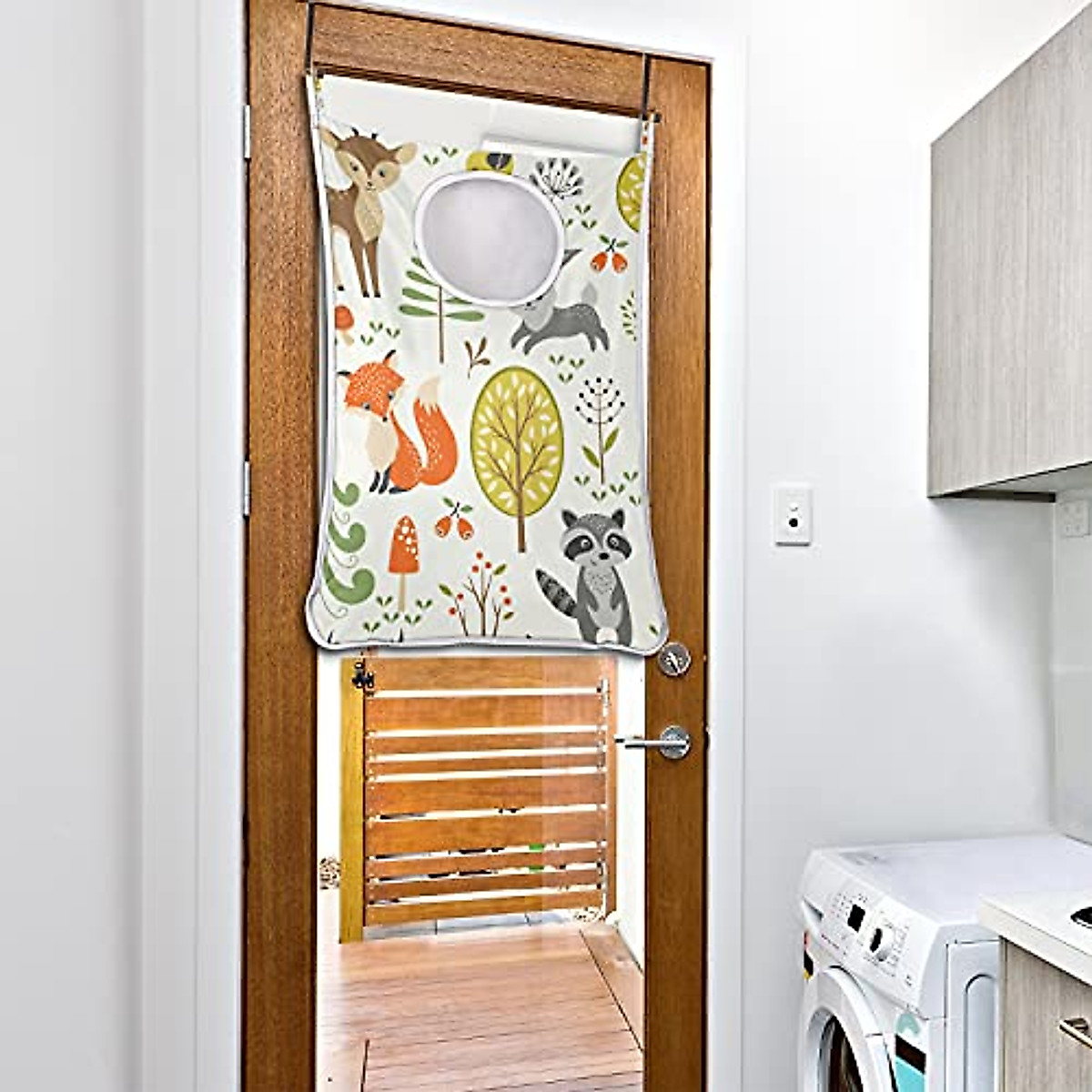 Woodland Animals Hanging Laundry Hamper Bag with 2 Door Hooks, Fox Elk Bear Mushroom Holding Dirty Clothes Bag, Saving Space Hanging Laundry Bag for Door Wall, Closet, Bathroom
