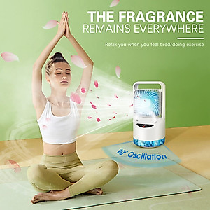 Portable Air Conditioner Fan, Rechargeable Evaporative Air Cooler, Personal Air Cooler Humidifier with 3-Speed, 90° Oscillating, 7 Colors Light, Aroma Discs, Desk Cooling Fan for Home Office Camping