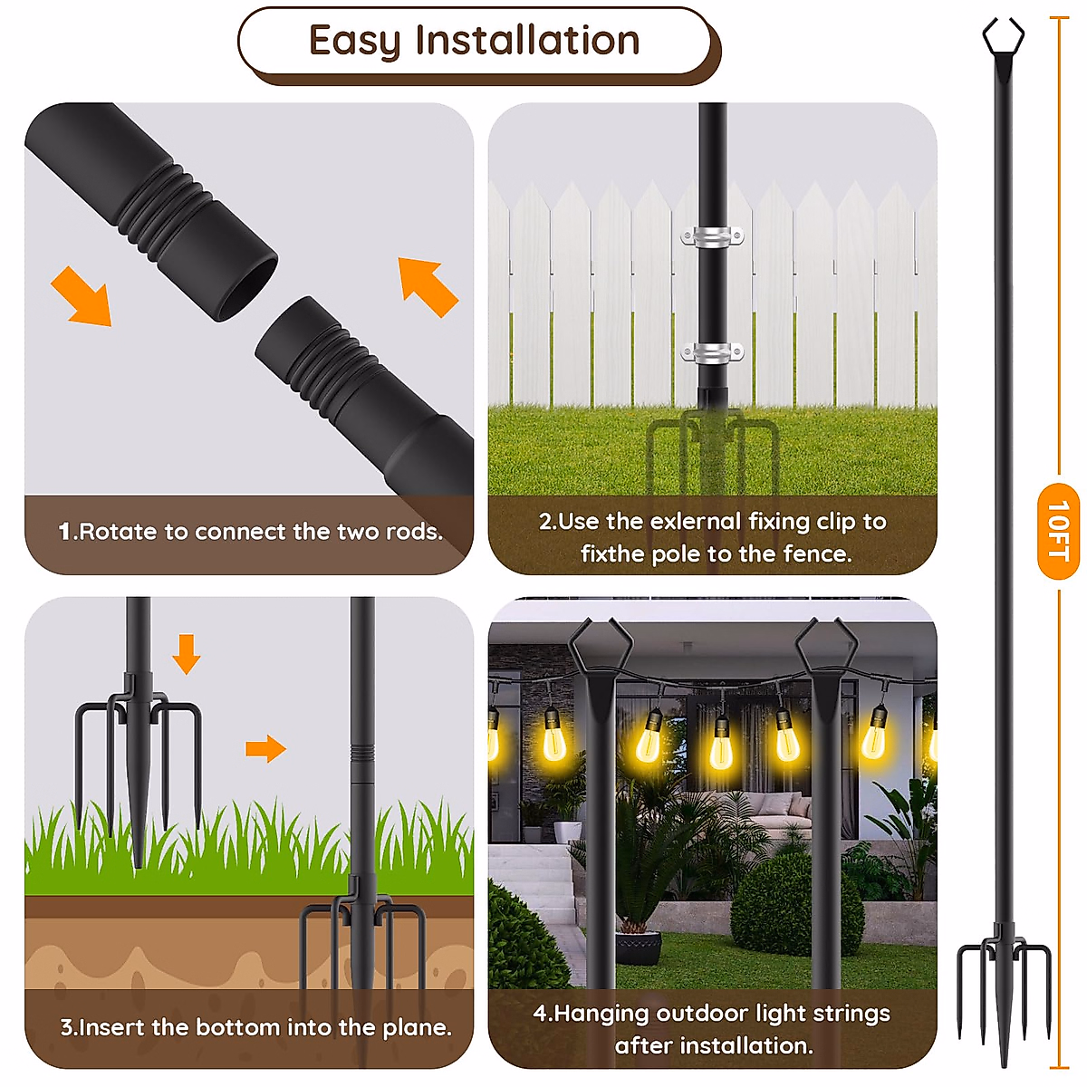 10Ft String Light Poles 4 Pack,Light Poles for Outside Lights,Outdoor with Fence Brackets Hanging Lights,Metal Stand Deck Patio Backyard