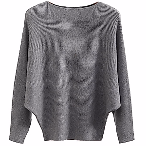 Ckikiou Womens Lightweight Oversized Boat Neck Sweaters Tops Dolman Batwing Sleeve Ribbed Knitted Pullovers Gray