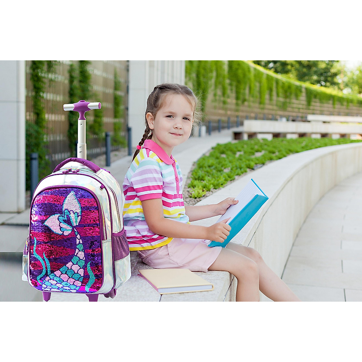MOHCO Rolling Backpack 18 inch for Kids Wheeled Backpack for Girls with Lunch Bag Pencil Case