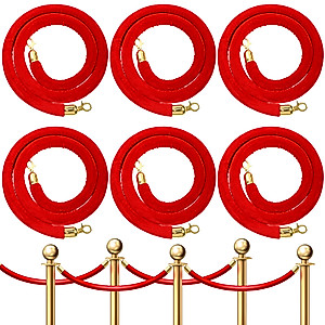 6 Pieces Velvet Stanchion Rope Bulk 6 Feet Crowd Control Barriers Safety Velvet Rope with Polished Gold Hooks for Movie Theaters Openings Hotels, Carpet, Party, Not Include Stanchion Post (Red)