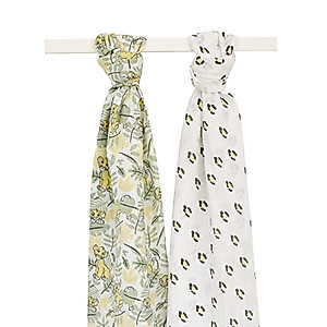 Disney Lion King Simba Yellow, Green, and White 2Pk 100% Cotton 44" x 44" Muslin Swaddles with Plush Rattle