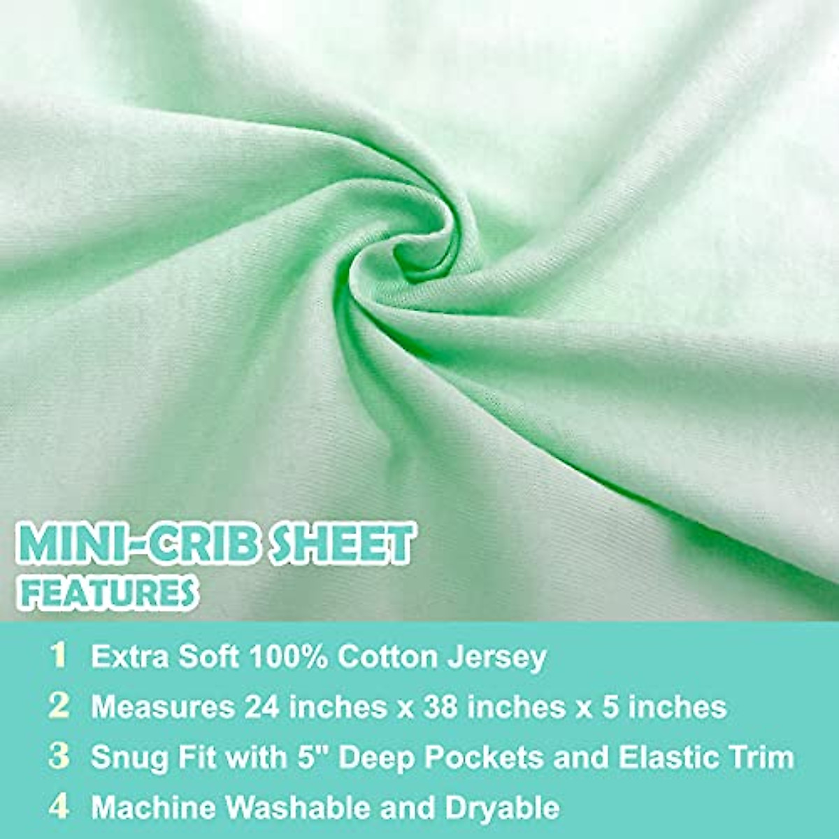 TL Care Fitted Mini Crib Sheet 24" x 38", Soft Breathable Neutral 100% Cotton Jersey Portable Sheet, Mint, for Boys and Girls, Fits Most Pack N Play and Mini Crib Mattresses