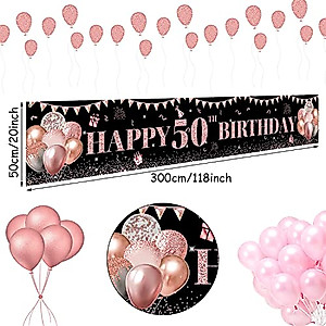 Large Happy 50th Birthday Banner Black and Rose Gold Yard Sign Birthday Banner for Women Girl 50 Years Old Birthday Photo Backgroud Party Indoor Outdoor Decoration Supplies 118 × 19.6 Inch