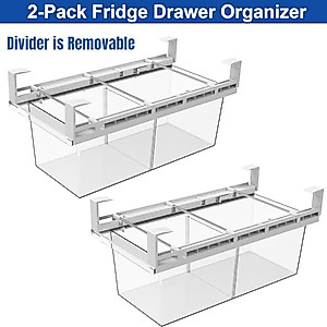 LALASTAR Upgraded Fridge Organizer Drawers, 2-PACK Refrigerator Organization and Storage, Mini Fridge Storage Containers with Handle, Adjustable Length 13.8"-21.4" (with Divider)