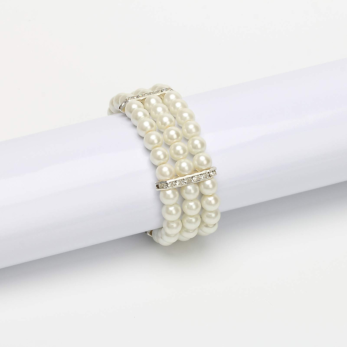 Coolrunner Ladies 3 Rows Faux Pearls Accent Off White Stretch Wrist Bracelet Jewelry