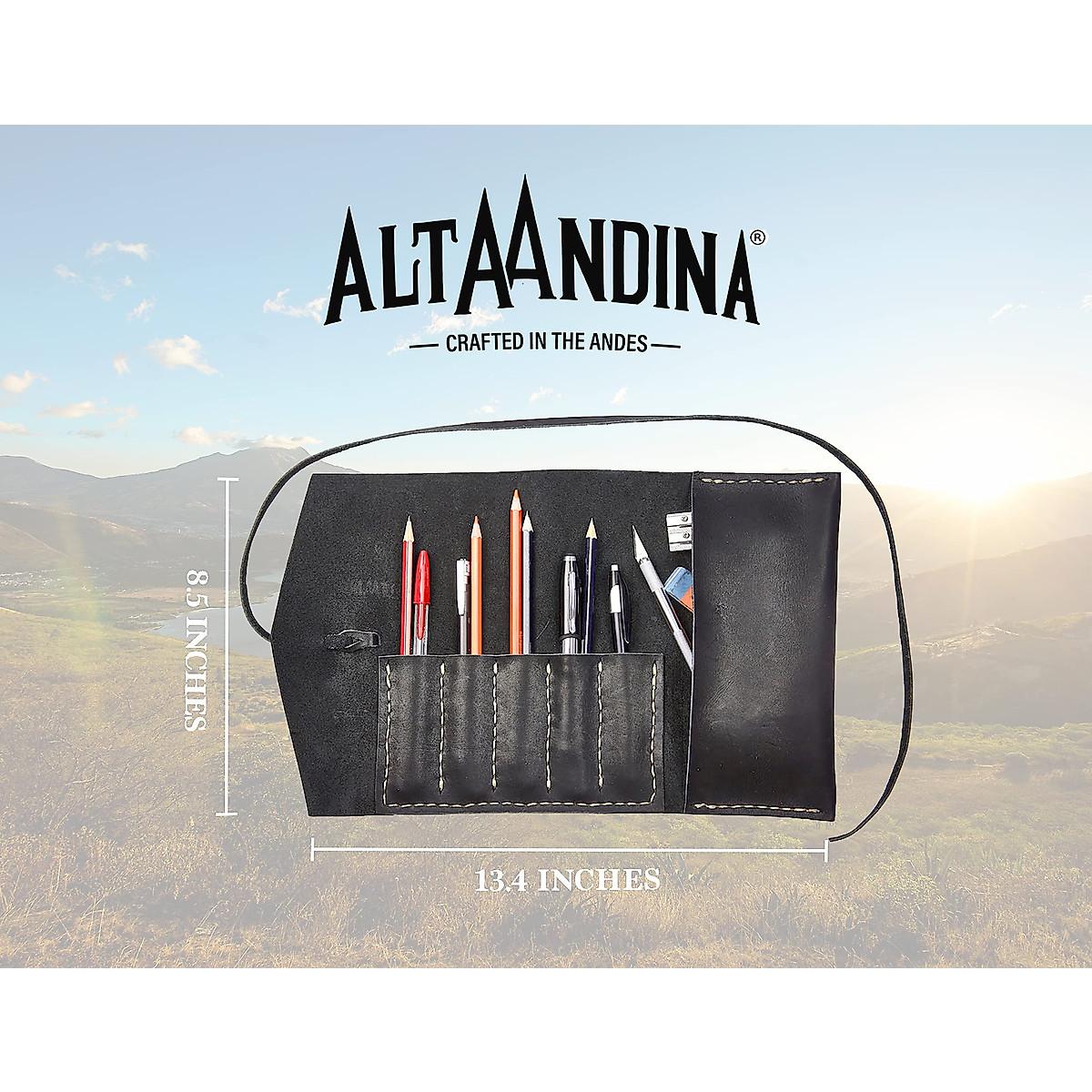 Alta Andina Leather Pen & Pencil Case | Vegetable Tanned Leather Roll Up | 5 Slots & Pouch for Pens, Brushes | Art, Stationary, & Makeup Organizer (Black – Noche)