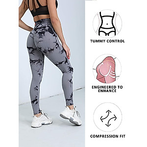 OVESPORT Seamless Leggings for Women Butt Lift High Waist Sexy Tie Dye Yoga Pants Soft Opaque Sports Workout Tights Running(CK1370, Black, L)