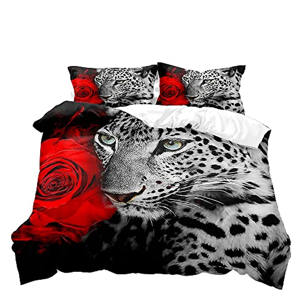 VIVIHOME 3PCS Leopard Duvet Cover, King Duvet Cover, Romantic Red Rose Bedding, Black and White Bedding, Floral Duvet Cover, Safari Wild Animal Cheetah Duvet Cover Quilt Comforter Cover, 2 Pillowcases