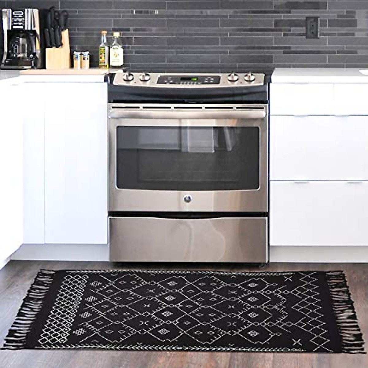 Boho Black and White Rugs, Runner Bath Rugs, Geometric Tribal Mats, 2' × 4.3' Cotton Woven Area Rug with Tassel for Kitchen, Bedroom, Entrance, Laundry Room…