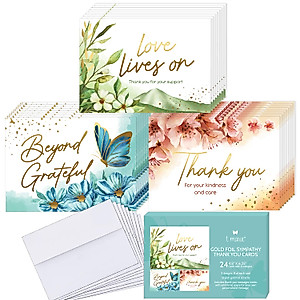 T MARIE 24 Gold Foil Funeral Thank You Cards With Message Inside - 4.5 x 6.25” Floral Bulk Sympathy Flower Thank You Cards with Words Inside - Bereavement Thank You Notes With Envelopes