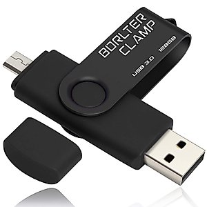 BorlterClamp 128GB USB 3.0 Flash Drive Dual Port Memory Stick, OTG Thumb Drive with Micro USB Drive Port for Android Smartphone Tablet & Computer (Black)