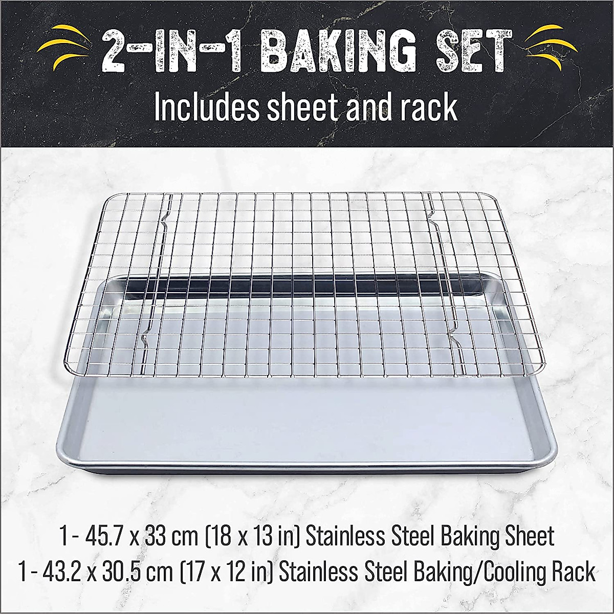 Checkered Chef Baking Sheet Set - Set of 2 Large 18" x 13" Stainless Steel Half Pans for Baking w/ Oven Safe Cooling Racks (2 Pack)