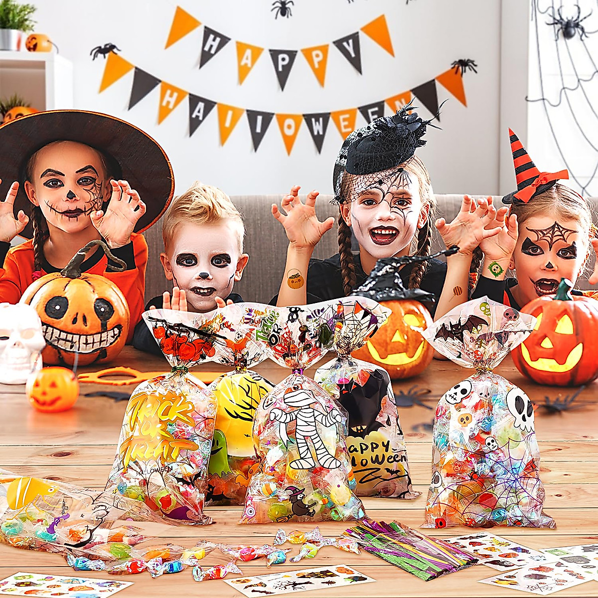 Halloween Candy Bags Treats Bags, 200 PCS Halloween Cellophane Bags for Kids Treat or Trick Party Supplies, 8 Styles Halloween Goodies Bags Gift Bags with Tattoo Stickers for Halloween Party Favors