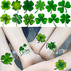 FANRUI 48 PCS 3D Shamrock Temporary Tattoos For Kids Adults Irish Party Favor Accessories, St. Patrick's Day Tattoos Stickers Women Men, Saint Patricks Day Tattoo Lucky Green Four Leaf Clover Decals