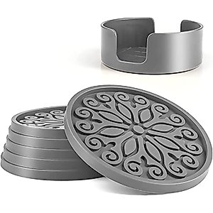 Qusum Coasters for Drinks,Resistant Reusable Silicone Coasters with Holder,Set of 6 - Great Gift for Birthday, Housewarming, Room Decor, Holiday Party, Bar Coasters（Grey）, 1grey
