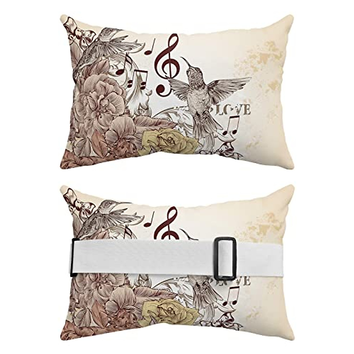 Recliner Head Pillow Ledge Loungers Chair Pillows with Insert Yellow Flowers Flying Hummingbirds and Musical Notes Lumbar Pillow with Adjustable Strap Patio Garden Cushion for Sofa Bench Couch, 2 PCS