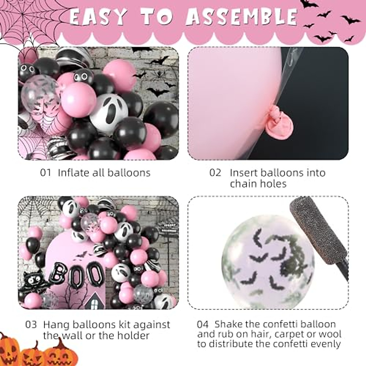 Halloween Balloon Garland Kit, GREMAG Halloween Decorations with Black Macaron Pink Agate Black Eyes Ghost Balloon, BOO Bat Skull Ghost Aluminum Film Balloon, 88 Pcs Set Halloween Party Favors for Kid