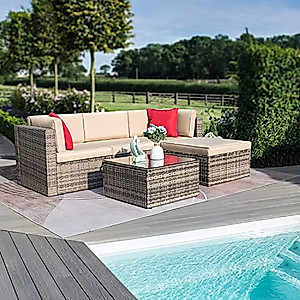 Tuoze 5 Pieces Patio Furniture Sectional Outdoor All Weather PE Rattan Wicker Lawn Conversation Cushioned Sofa Set with Glass Coffee Table (Grey)